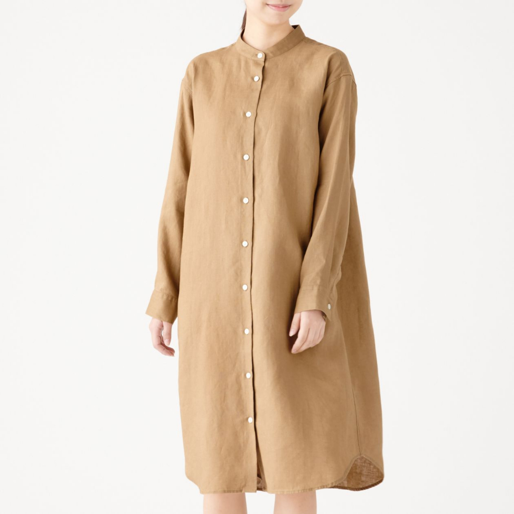 全新 MUJI無印良品 女法國亞麻水洗立領洋裝 摩卡棕XL(原價$1390) | 蝦皮購物