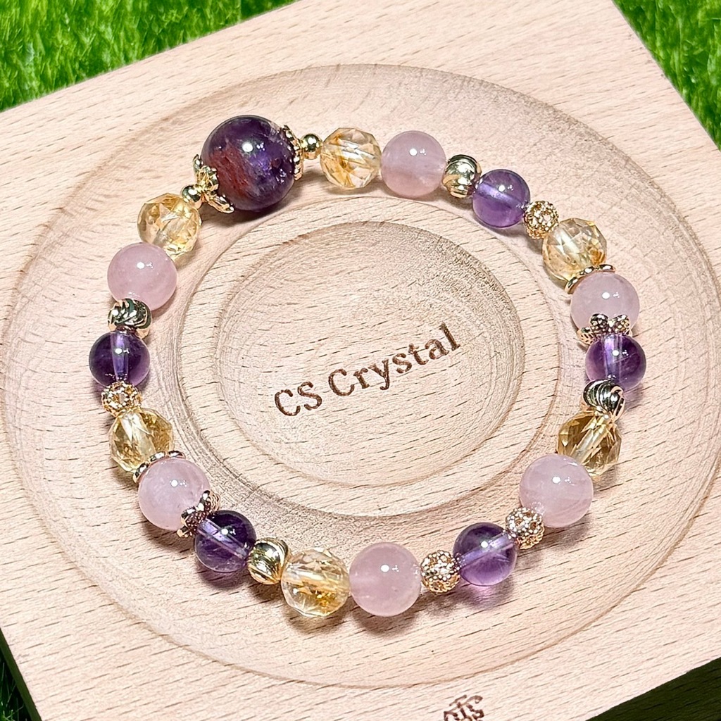CS Crystal 編號640 - 紫水晶幽靈+馬粉晶+焦糖黃水晶+紫水晶設計款 | 蝦皮購物