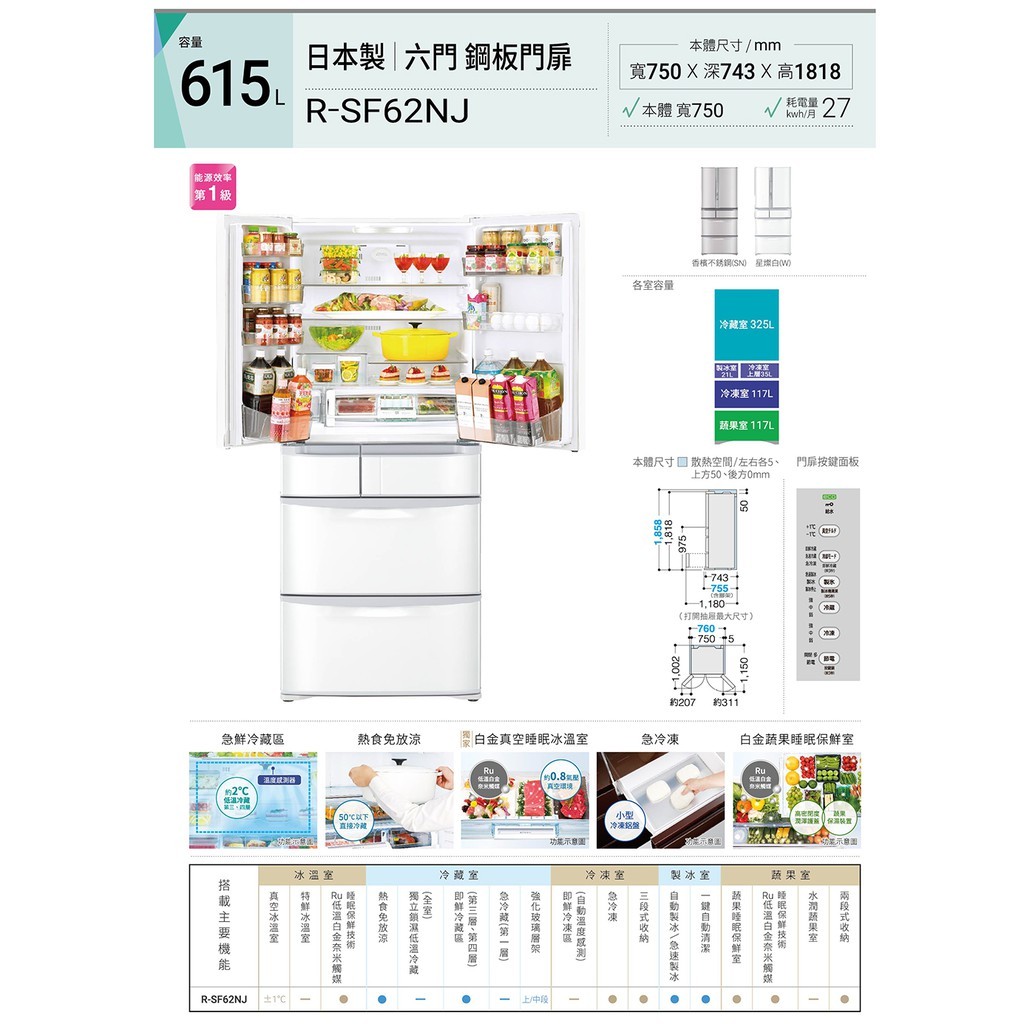 HITACHI 日立 615公升日本原裝變頻六門冰箱 RSF62NJ 香檳不銹鋼SN/星燦白W | 蝦皮購物