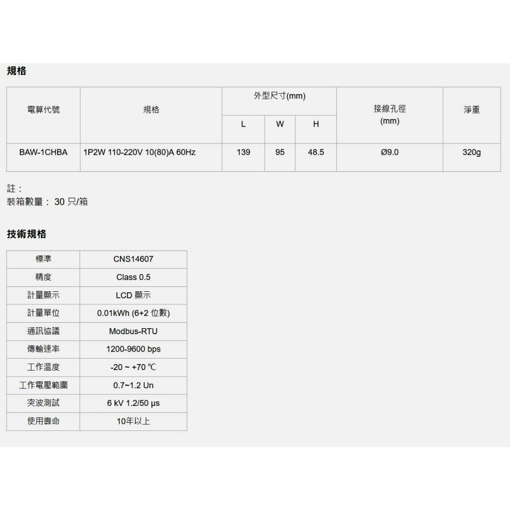 巧力 CIC 電表 BAW-1C 10(80A) 附 RS485 單相二線 電子式瓦時計 分電錶 套房 租屋 冷氣 | 蝦皮購物