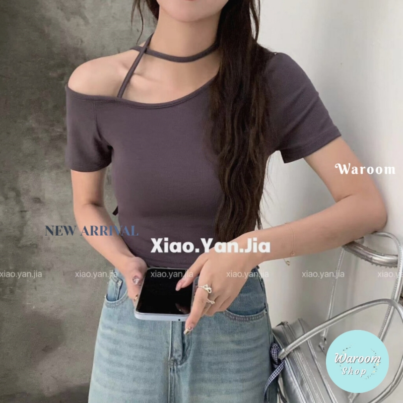 Waroom|網紅實拍推薦 怎麼綁都好看的大彈性綁帶短T|女裝|短版上衣|短袖上衣|斜肩上衣|韓國|辣妹|露臍 993 | 蝦皮購物