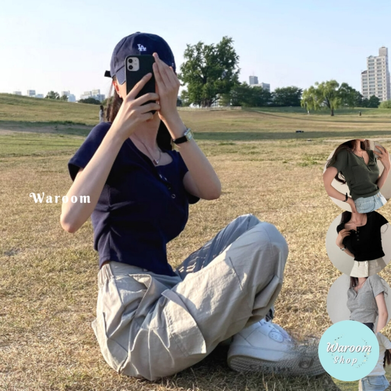 Waroom|高雄現貨秒出 S222 棉質素色開扣圓修身短版上衣|女裝|露臍|短袖T恤|短袖上衣|抓皺上衣|顯身材 | 蝦皮購物