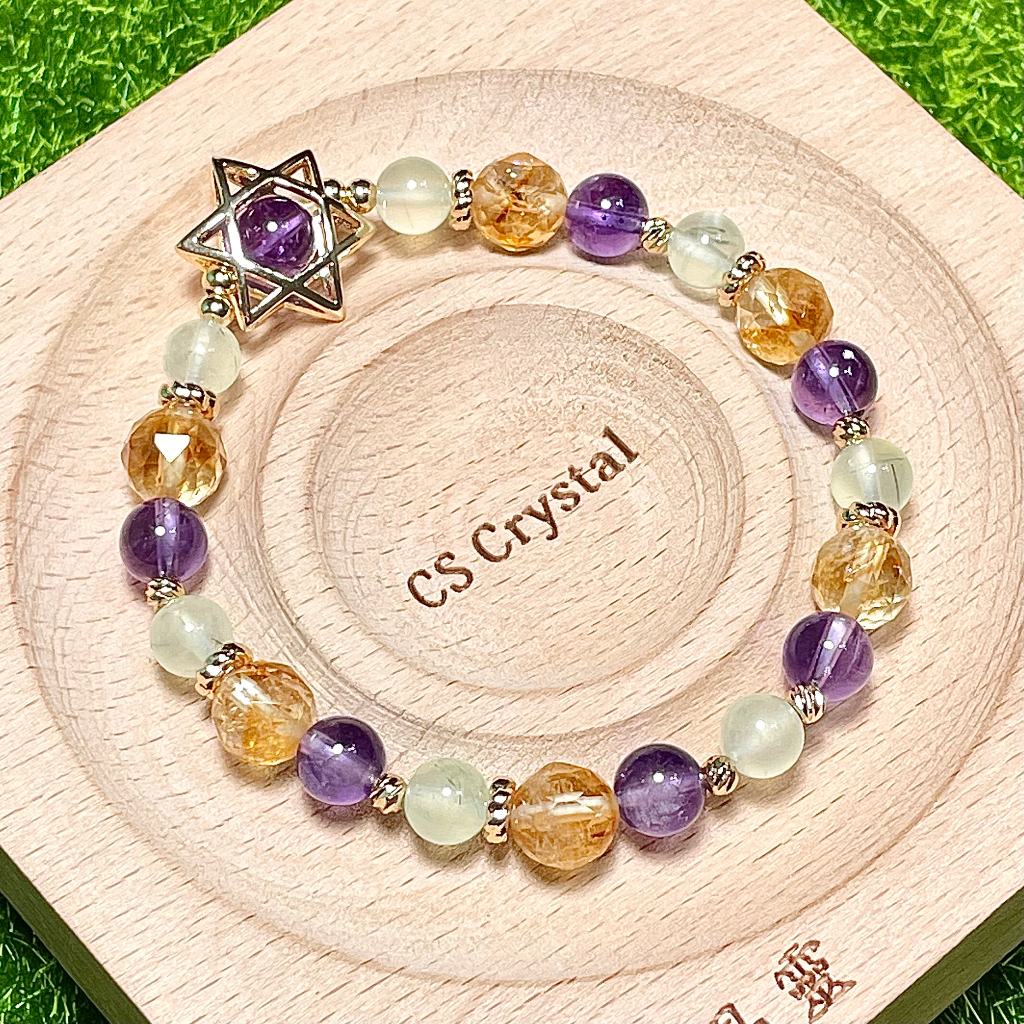 CS Crystal 編號423 - 焦糖黃水晶+紫水晶+葡萄石設計款 | 蝦皮購物