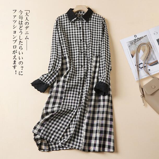 lienSHOP (實拍)日系棉麻蕾絲領格紋拼接中長洋裝 寬鬆蕾絲花邊長袖連衣裙新款6558 | 蝦皮購物