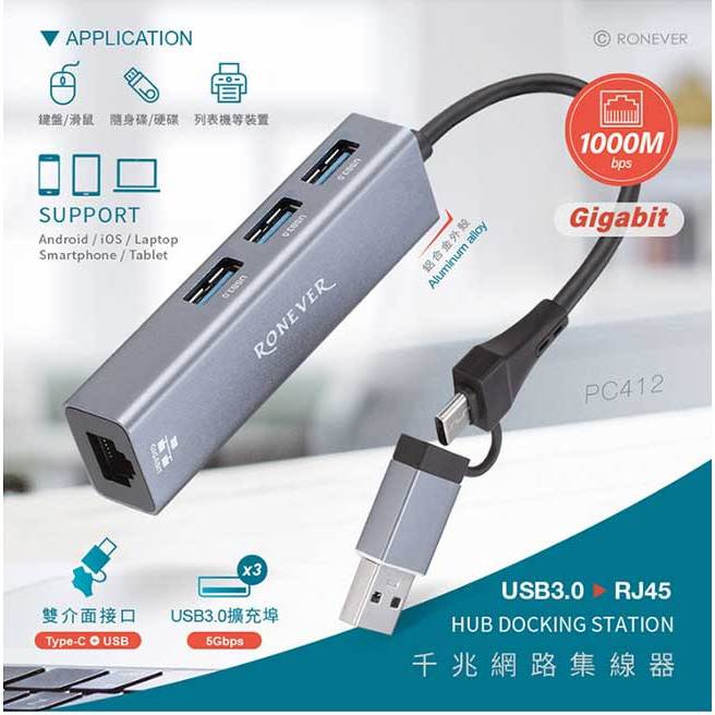 RONEVER PC412 Type-C USBA 轉 RJ-45 網路卡 外接網卡 HUB 電腦擴充槽 分線器 集線器 | 蝦皮購物