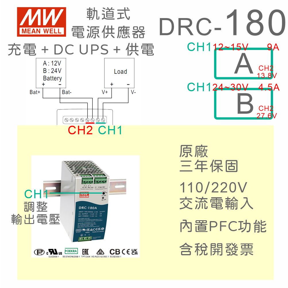 【保固附發票】MW 明緯 180W 導軌式 DC UPS不斷電+充電 電源 DRC-180 12V 24V 保全消防系統 | 蝦皮購物