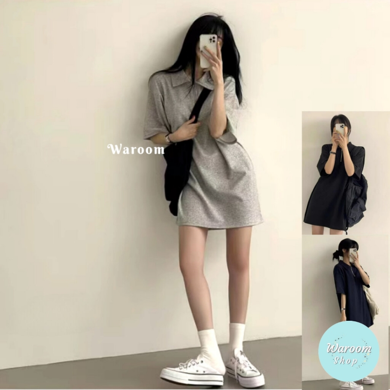 Waroom|高雄現貨秒出S39 翻領拉鍊連衣裙 POLO領小個子學院風 短袖裙子 休閒裙 連身裙 POLO衫 長版上衣 | 蝦皮購物