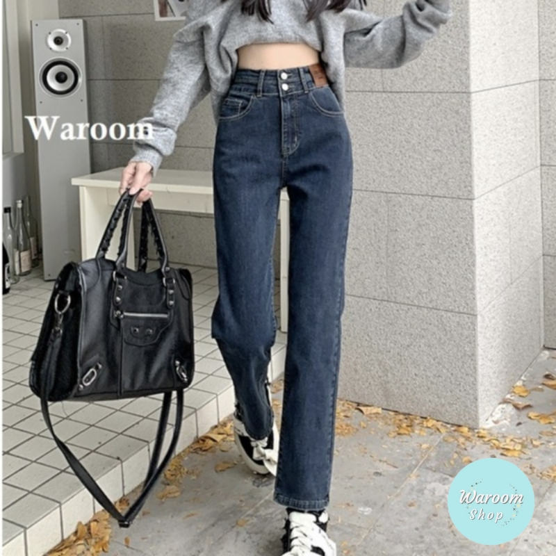 Waroom|現貨超顯瘦 S-XL B144 高腰標籤兩扣彈性直筒九分牛仔褲|女裝|煙管長褲|九分褲|彈性褲子|顯瘦 | 蝦皮購物