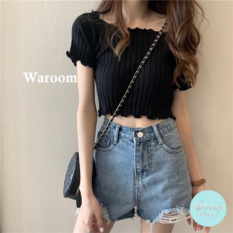 Waroom|現貨 S87 韓版捲邊短版短袖針織上衣|修身顯瘦|短款上衣|花邊|木耳邊|坑條上衣|短袖上衣|彈性|露臍 | 蝦皮購物
