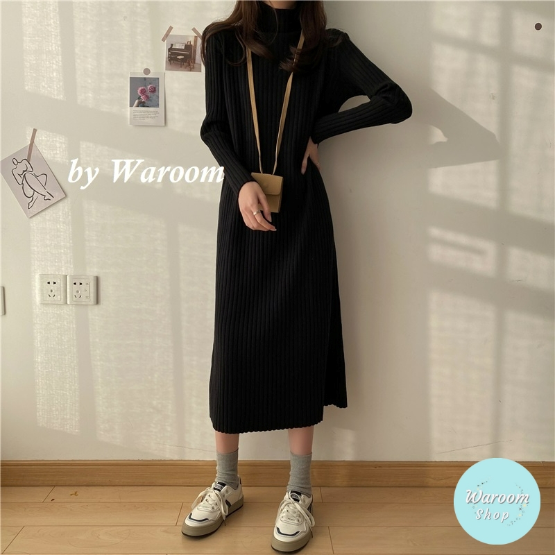 Waroom|現貨 A626 秋冬高領保暖中長款毛衣裙子 女裝 寬鬆顯瘦針織長袖連衣裙 坑條修身洋裝 連身裙 長裙 | 蝦皮購物