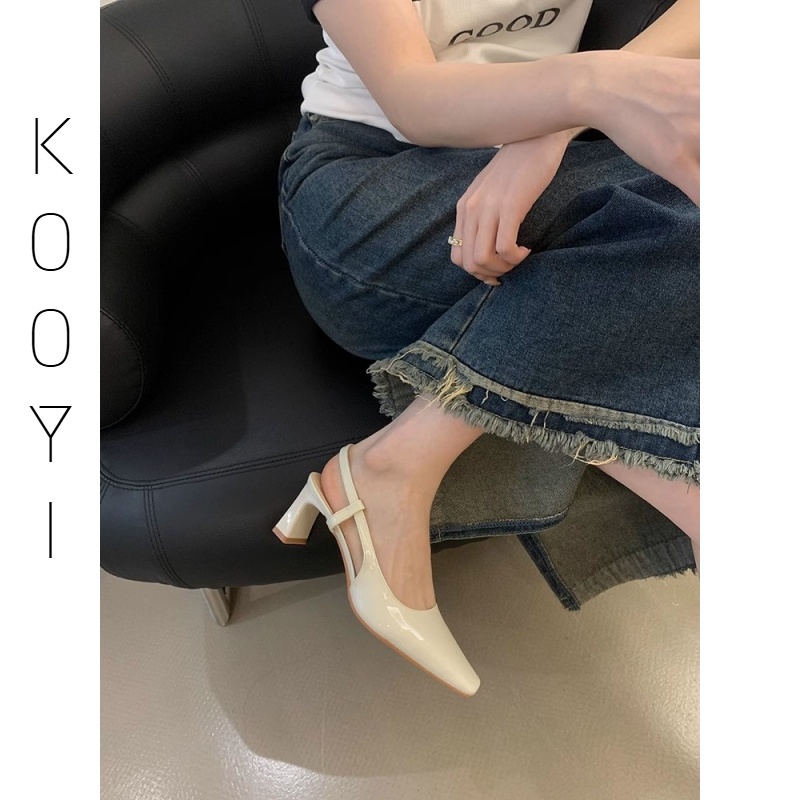 kooyi-漆皮高跟鞋 後空包頭涼鞋女 高跟 方頭 粗跟 中跟5公分 黑色 米白色 銀色 | 蝦皮購物