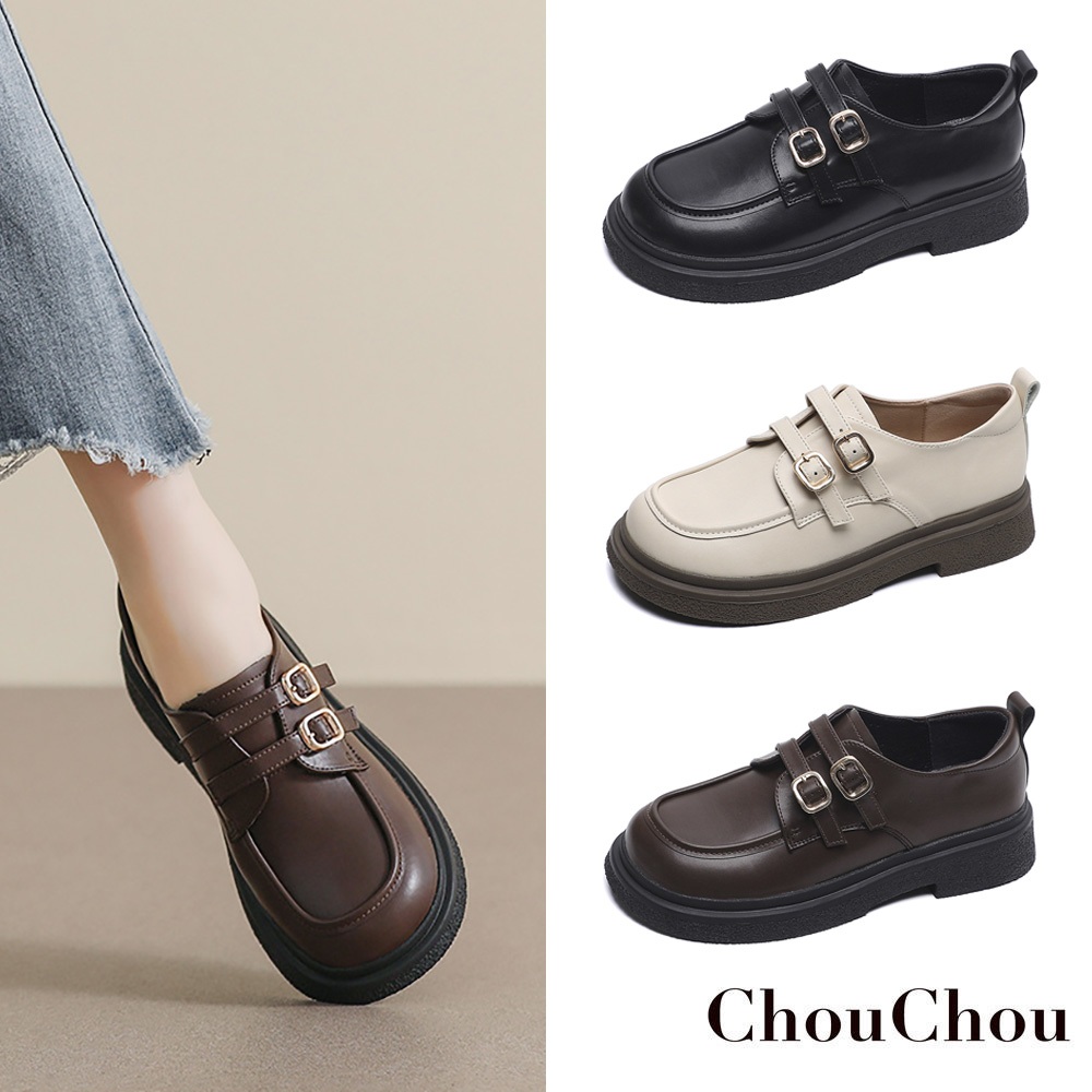 【ChouChou】雙帶釦飾顯瘦厚底樂福鞋 樂福鞋女 樂福鞋大尺碼 | 蝦皮購物