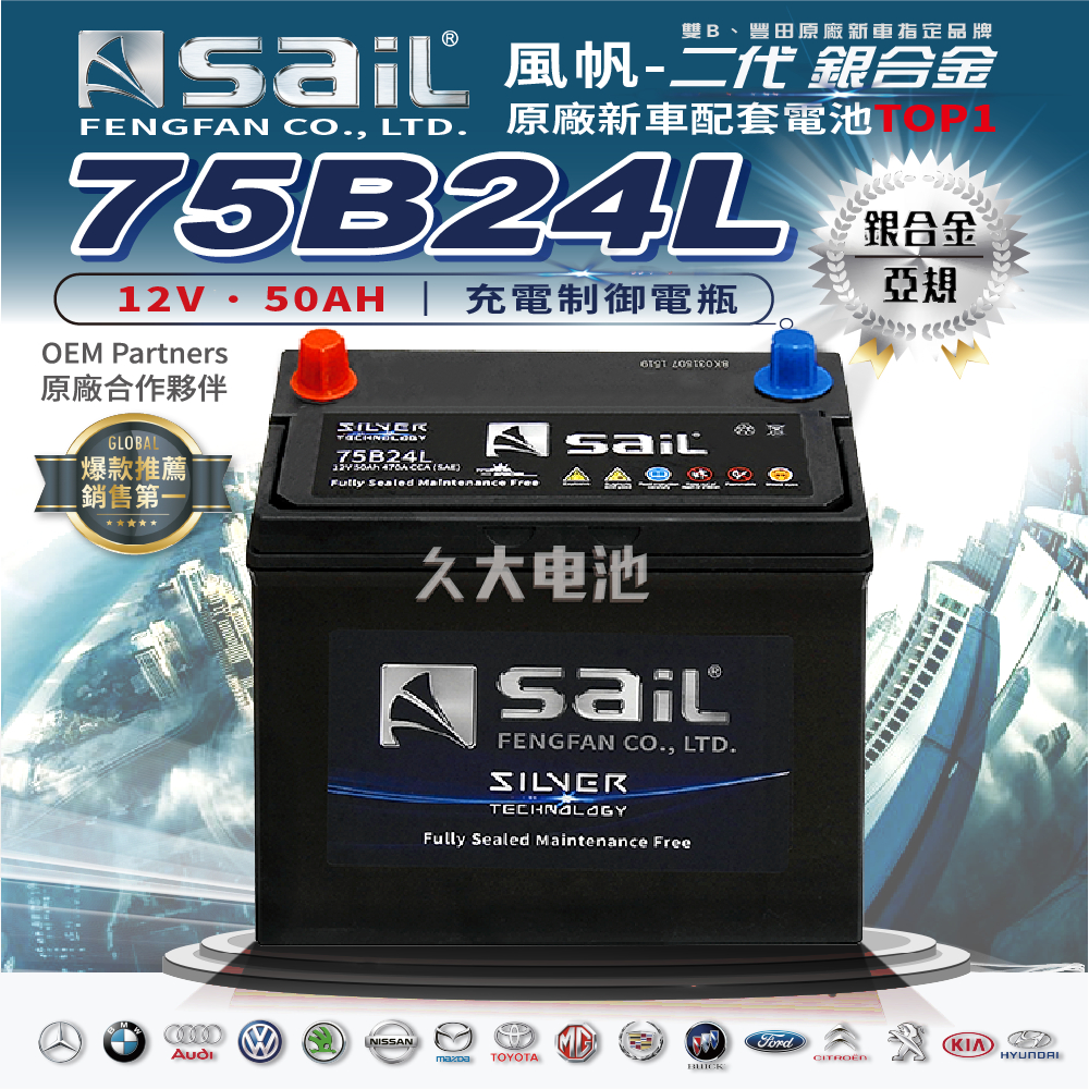 久大電池 風帆 SAIL 原廠汽車電瓶 銀合金 75B24L 適用 46B24L 55B24L 70B24L | 蝦皮購物