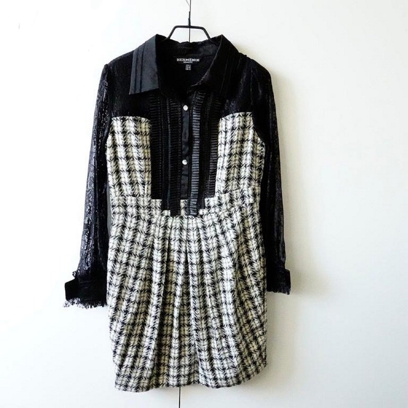 全新專櫃設計師赫曼尼 HERMENIE蕾絲透膚千鳥格紋洋裝L號適合m號小姐 | 蝦皮購物