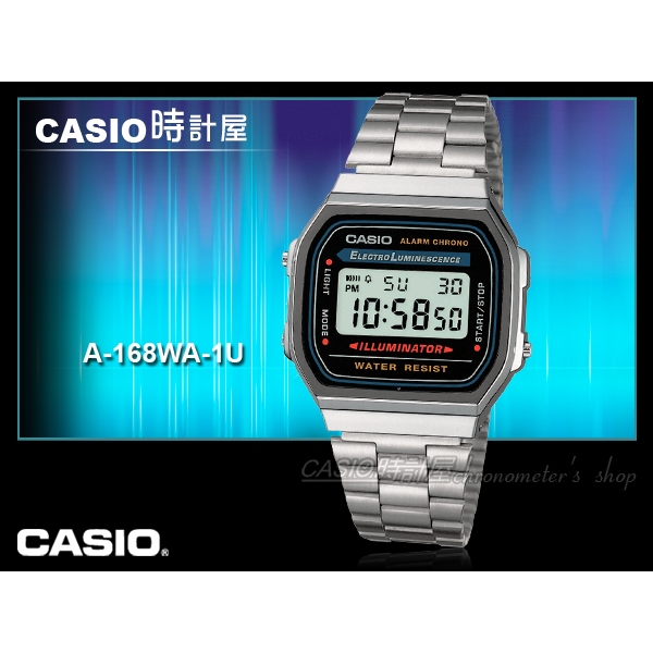 時計屋 卡西歐 CASIO A168WA-1 電子錶 不鏽鋼錶帶 整點報時 EL冷光 生活防水 A168WA | 蝦皮購物