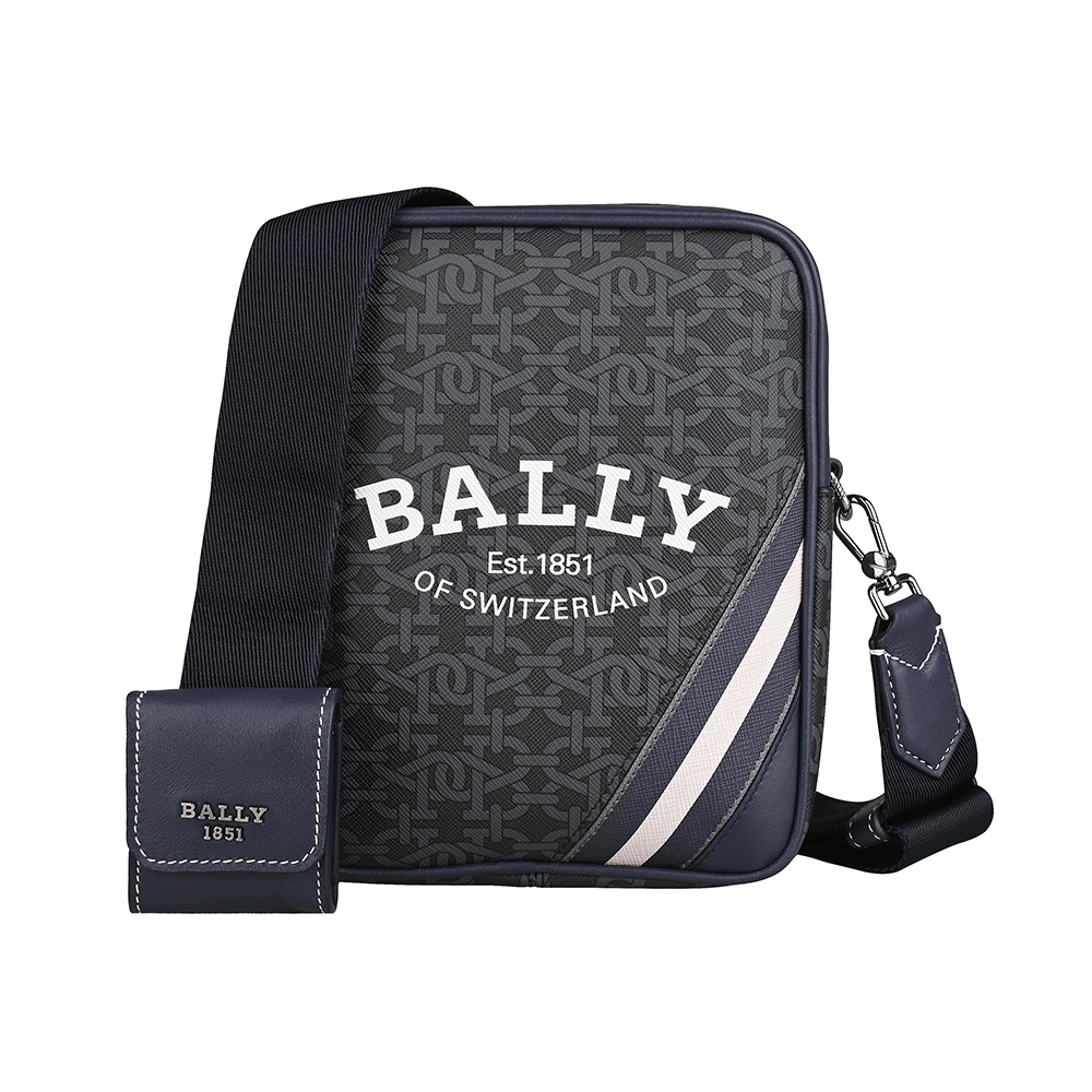 BALLY Bhenn B-Monogram燙印白字LOGO藍白藍條紋設計PVC拼牛皮拉鍊斜背包(灰x霧藍) | 蝦皮購物