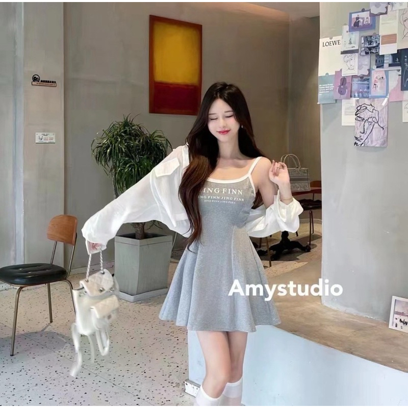 【Y.LLL】｜現貨灰｜預購｜韓系純慾吊帶連身短裙+短褲+防曬外套set 三件式套裝 | 蝦皮購物