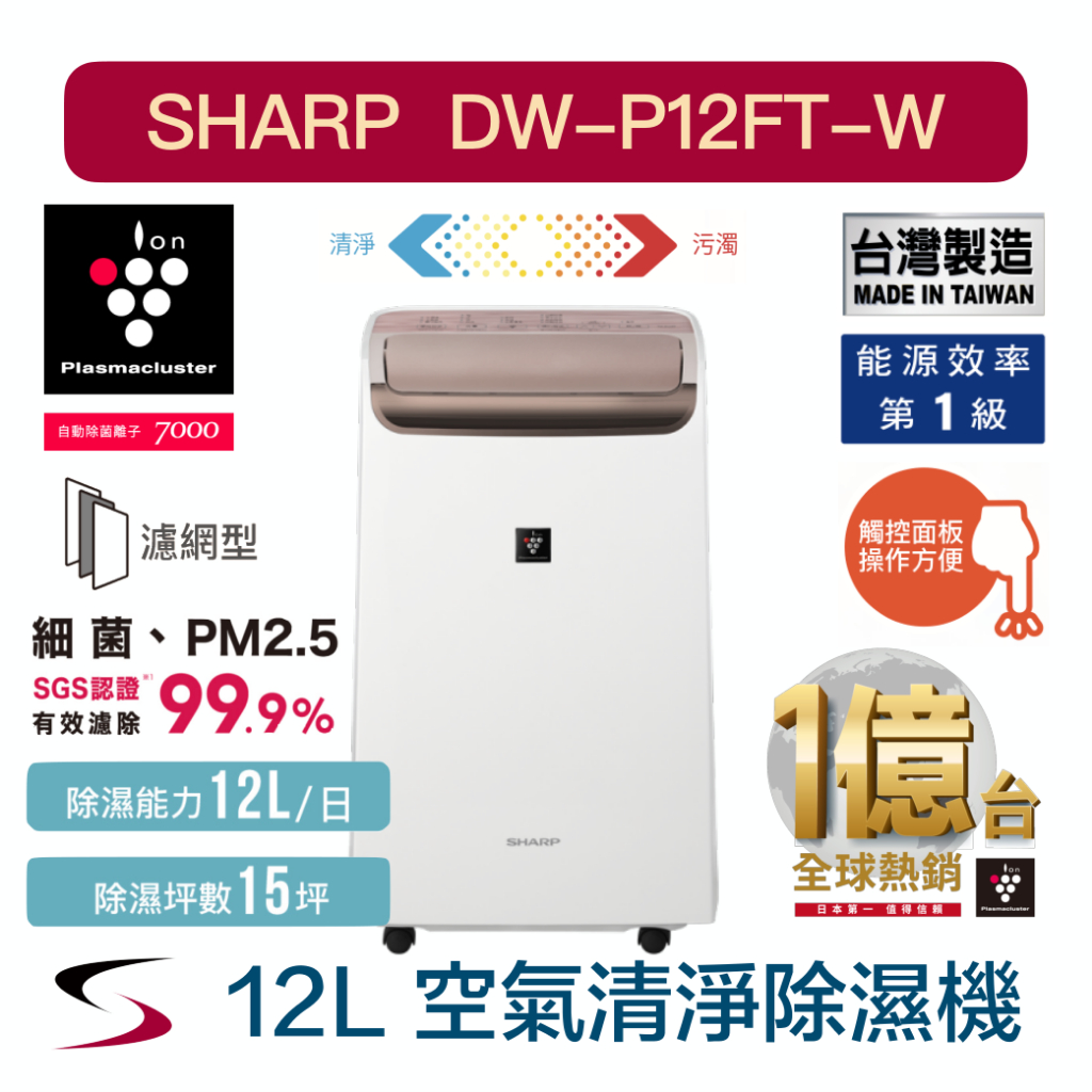 〖夏普 DW-P12FT-W 免運附發票〗12L空氣清淨除濕機 節能一級 原廠保固 貨物稅退1200 內附濾網 台灣製 | 蝦皮購物