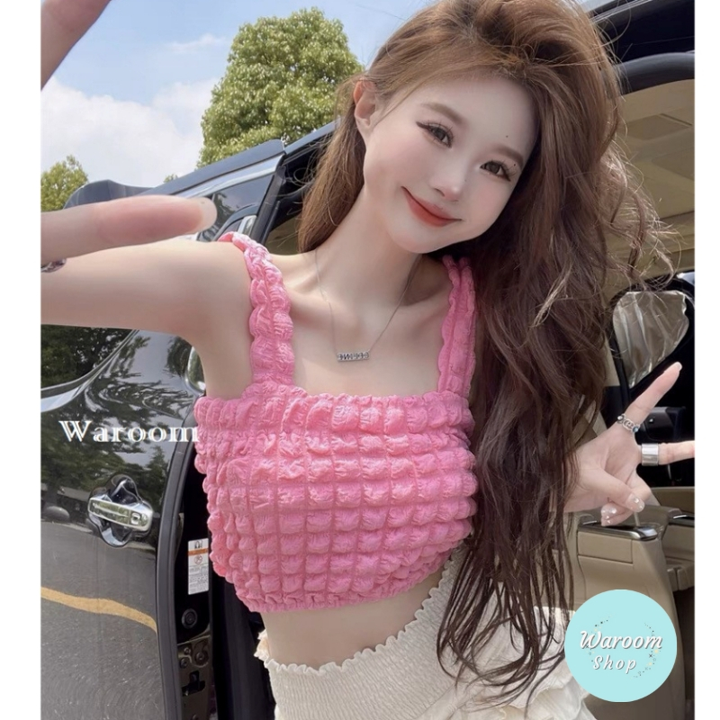 Waroom|現貨實拍 多巴胺澎澎立體方格長板/短版背心|女裝|辣妹|吊帶上衣|泡泡棉|短款上衣|泡泡格 9937 | 蝦皮購物