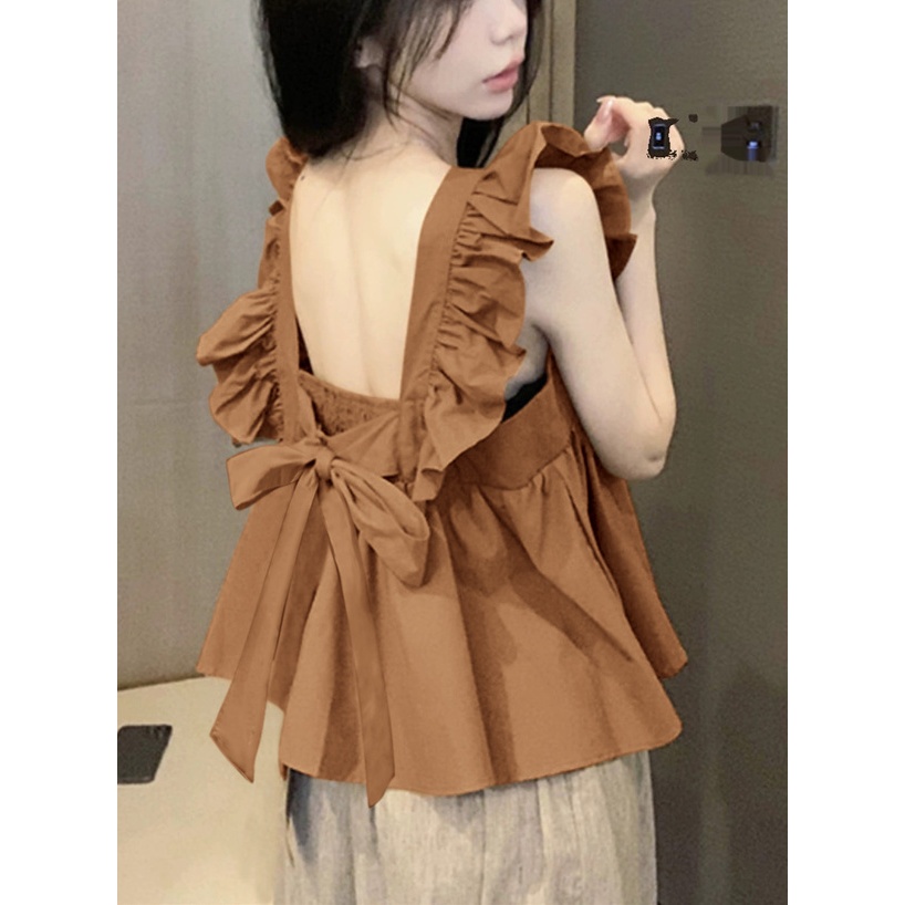 DoReFe | 日本代購 法式浪漫 挖背 蝴蝶結綁帶 荷葉袖 傘狀小背心 GRL | 蝦皮購物