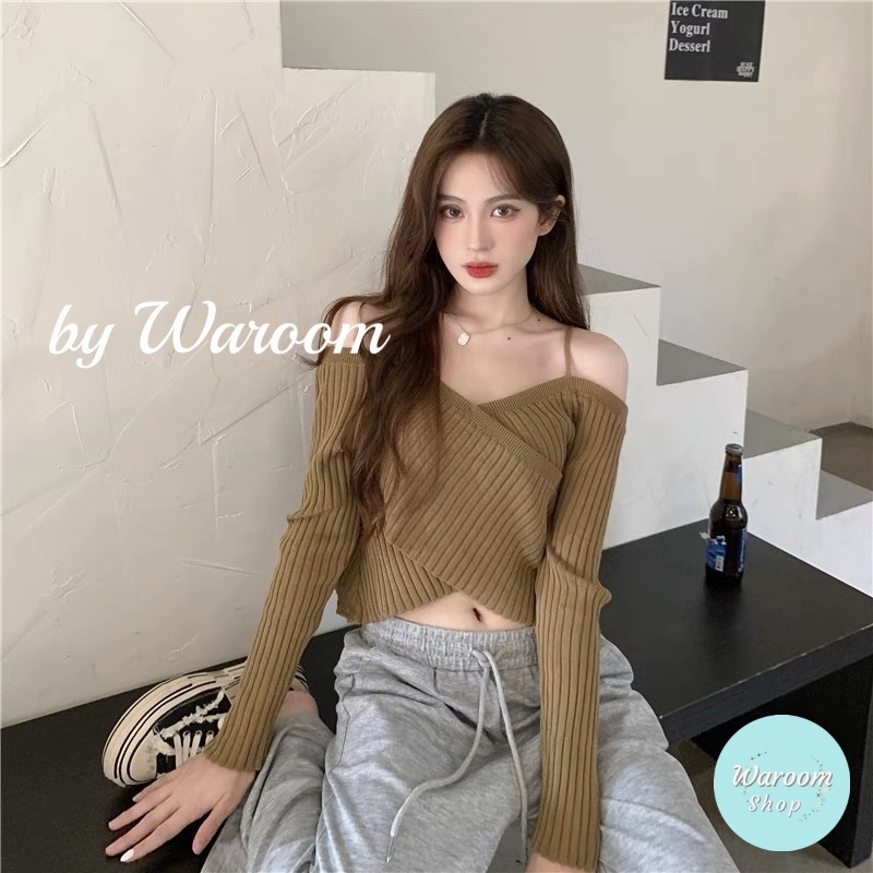 Waroom現貨售完不補 T1117吊帶V領露肩性感針織上衣 交叉長袖上衣 短版上衣 修身 露臍 女裝 秋冬 吊帶上衣 | 蝦皮購物