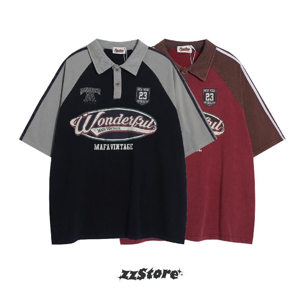 [ zzStore ] 【現貨速出】復古美式 撞色 POLO 短袖 球衣 寬鬆 OVERSIZE 落肩 嘻哈 美式 街頭 | 蝦皮購物