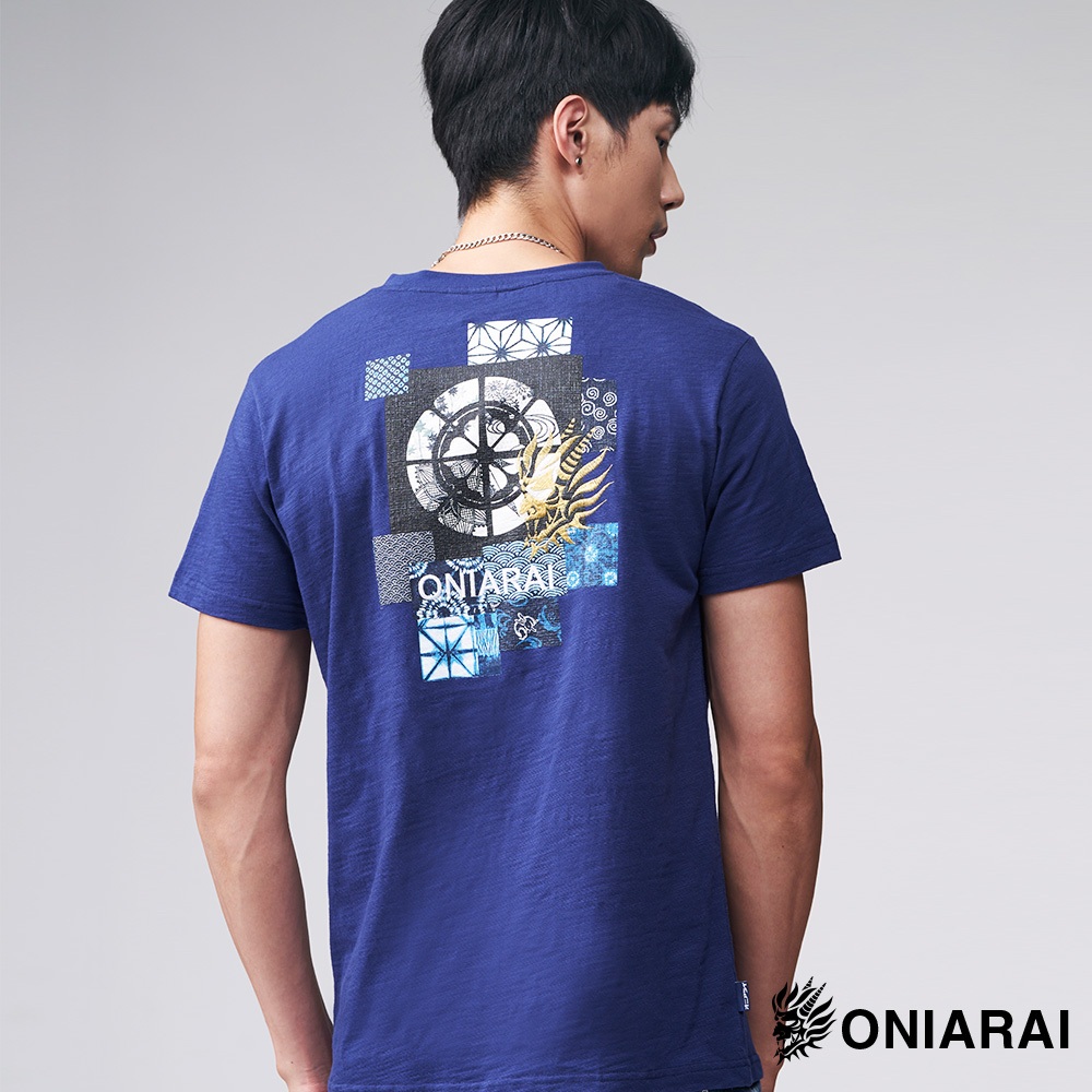 BLUE WAY 鬼洗 ONIARAI - 日式織紋拼貼繡花短TEE(丈青) | 蝦皮購物