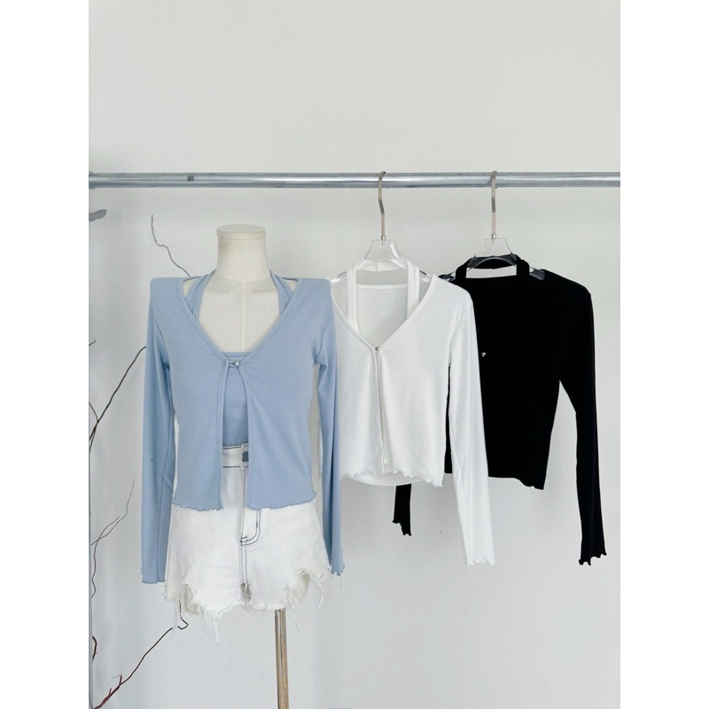 【Y.LLL】｜現貨藍｜預購｜質感愛心單釦罩衫+繞脖罩杯背心set 兩件式上衣 | 蝦皮購物