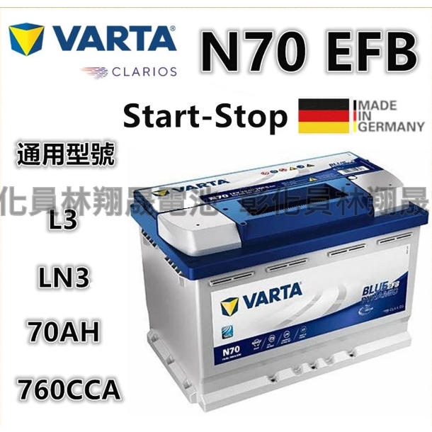 【彰化員林翔晟電池】全新 華達VARTA EFB N70 70AH 怠速啟停/舊品強制回收 安裝工資另計 | 蝦皮購物