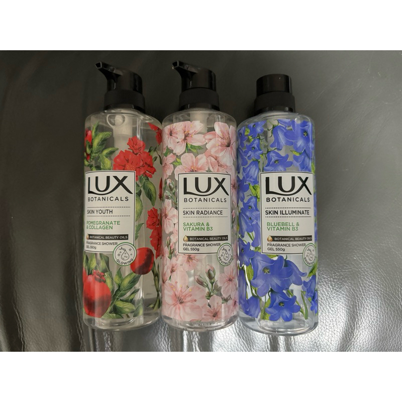 LUX 植萃香氛沐浴露550g氣質藍風鈴香/浪漫晚櫻花香/天竺葵與石榴花香 | 蝦皮購物