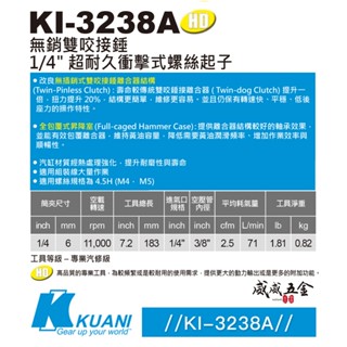 KUANI 冠億｜KI-3238A｜兩分無銷雙咬接錘 1/4" 衝擊式螺絲起子 2分氣動起子機 直型｜台灣製【威威五金】 | 蝦皮購物