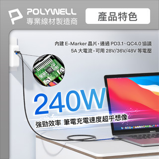 POLYWELL USB Type-C 240W 5A 快充編織線 短尾 可充手機 安卓 平板 筆電 寶利威爾 台灣現貨 | 蝦皮購物