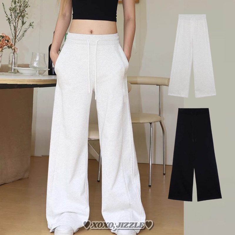 -JIZZLE-♡ 2024春夏款！CleanFit 花灰白歐美垂墜百搭慵懶高腰顯瘦直筒闊腿褲 | 蝦皮購物