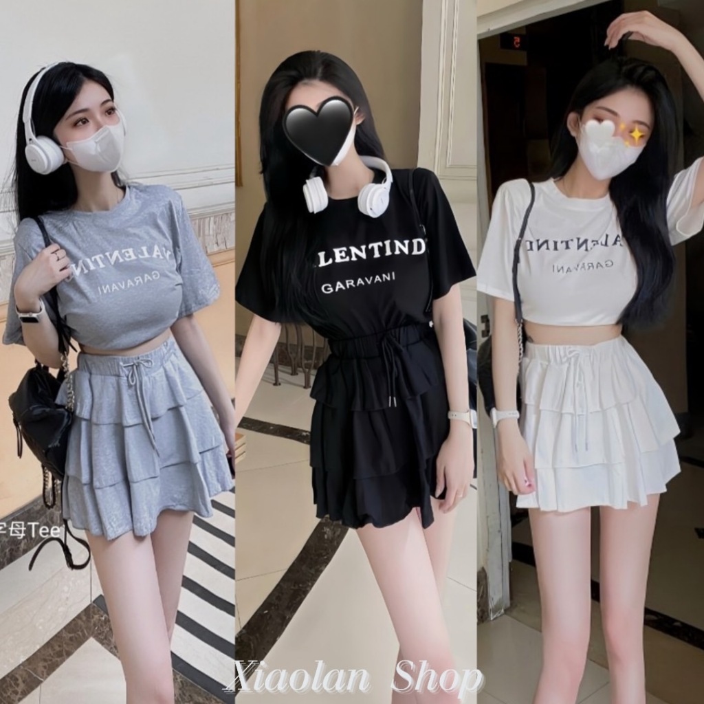 現貨//台灣賣家//XL Shop夏日簡齡微甜 日常簡約字母Tee+俏皮綁繩蛋糕褲裙 | 蝦皮購物