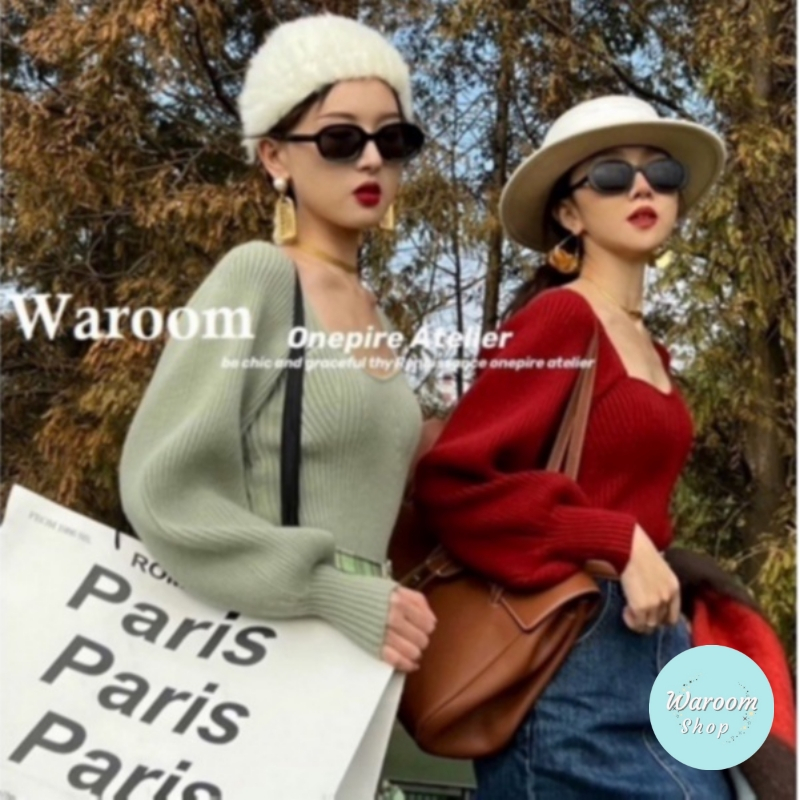 Waroom|高雄出貨 內有實拍 法式短款方領燈籠袖針織上衣|女裝|紅色上衣|泡泡袖|針織上衣|短版上衣|修身A642 | 蝦皮購物