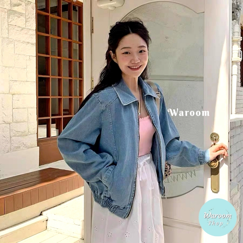 Waroom|現貨實拍 韓國復古寬鬆拉鍊牛仔外套|女裝|休閒外套|棒球外套|夾克|翻領外套|牛仔外套|收腰 5539 | 蝦皮購物