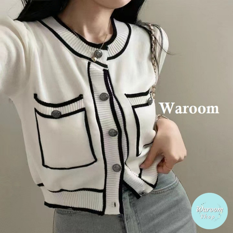 Waroom|現貨實拍 春夏韓國小香風短款短袖針織上衣|女裝|重工撞色|短版上衣|短袖上衣|修身|開扣|短袖針織 023 | 蝦皮購物