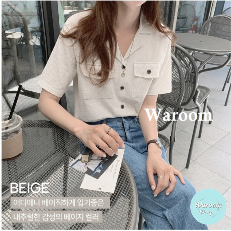 Waroom|現貨S143 售完不補 韓國西裝領棉麻襯衫|女裝|工裝外套|短袖襯衫|棉麻上衣|排扣上衣|西裝|外套 | 蝦皮購物