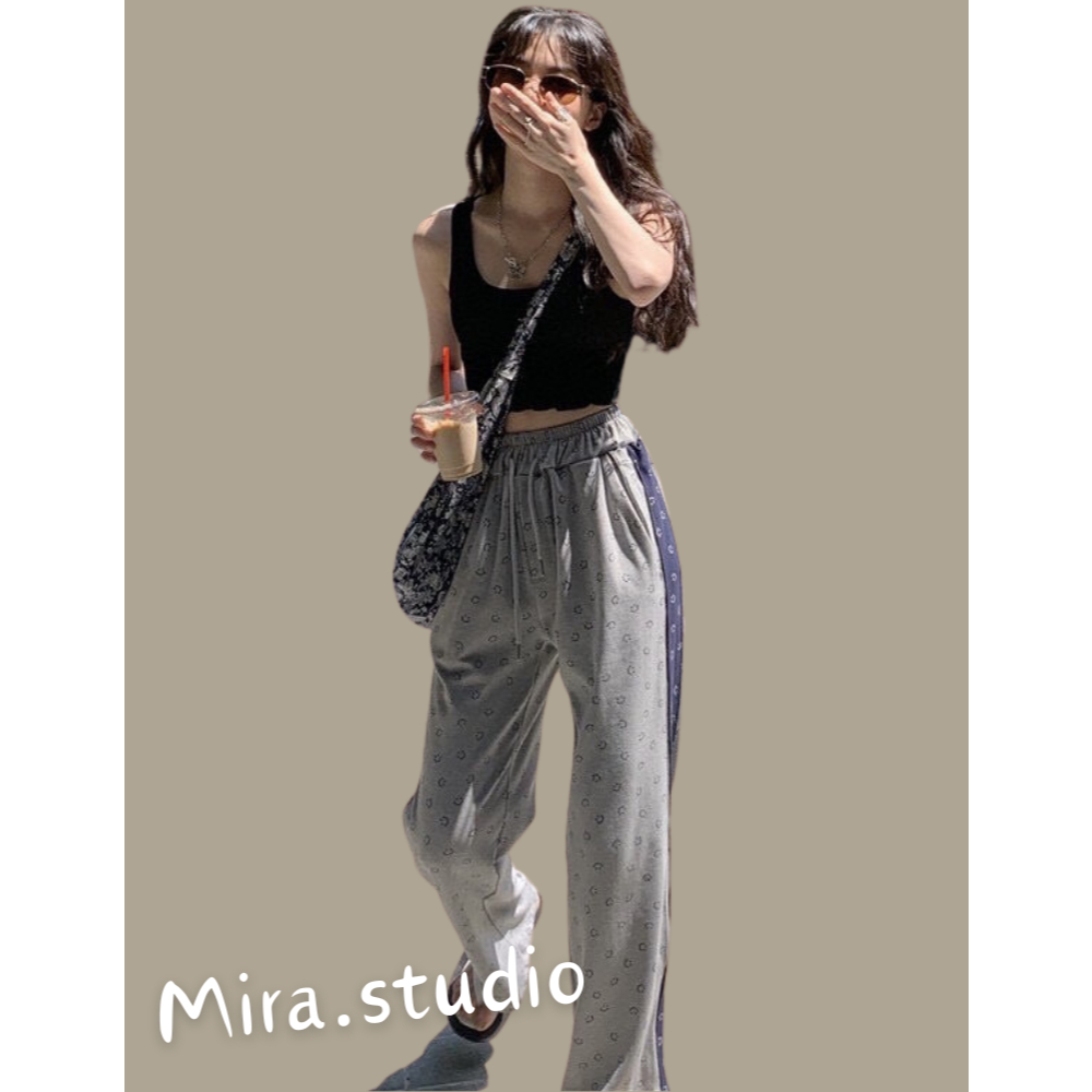 Mira.studio 韓國代購 Minjiena 顯瘦 直筒褲 拼接 笑臉 休閒褲 運動褲 拖地 長褲 寬鬆 百搭 | 蝦皮購物