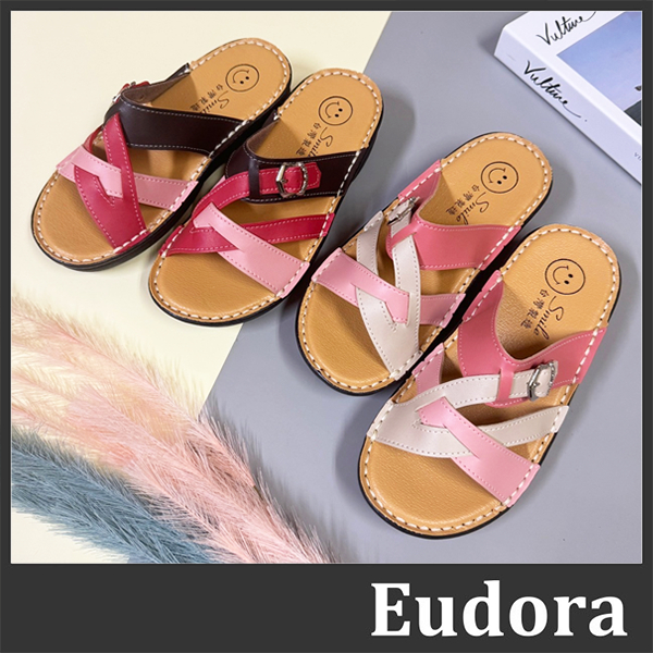 【Eudora】MIT台灣製 手工鞋 軟底拖鞋 厚底拖鞋 增高拖鞋 平底拖鞋 皮革撞色交叉 手縫線 低跟楔型 涼拖鞋 | 蝦皮購物