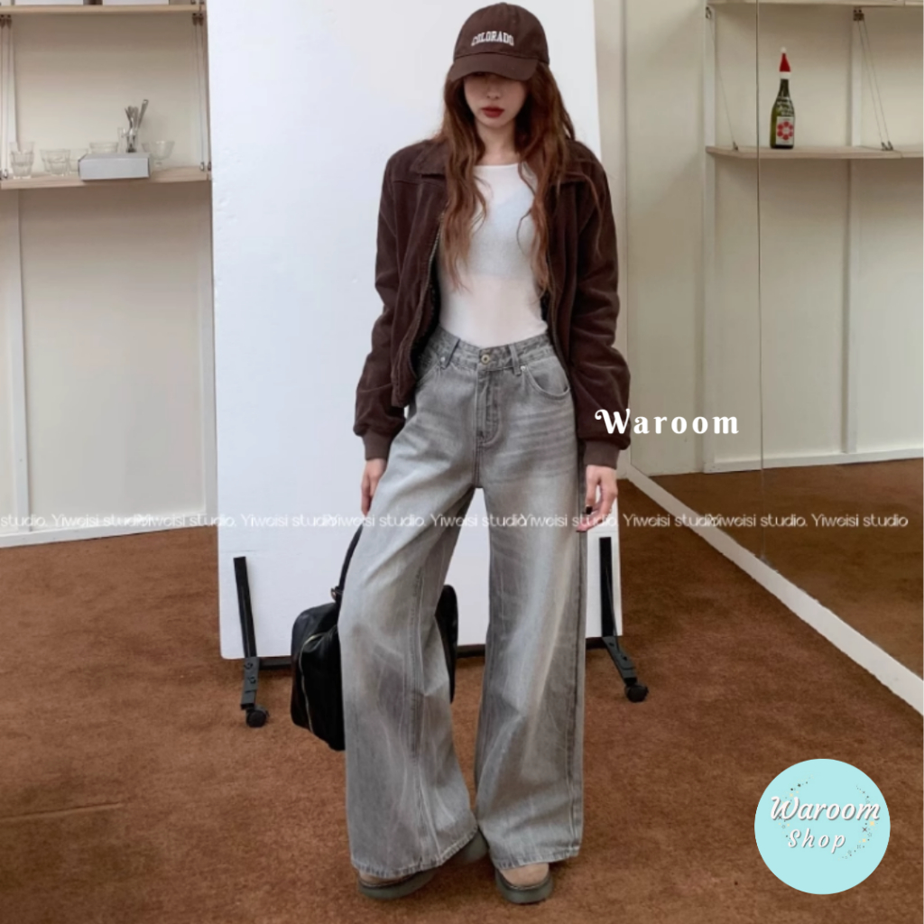 Waroom|高雄現貨 完美落地高個子美式復古漸層刷色闊腿褲|女裝|牛仔褲|高腰|寬褲|牛仔長褲|美式褲|無彈性7399 | 蝦皮購物