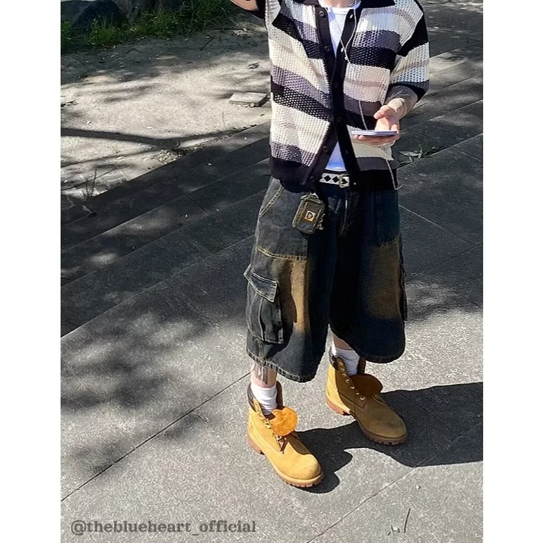 現+預｜thebluehearts® 🇰🇷 HOLY IN CODE 方形口袋 做舊 水洗 過膝 丹寧工作短褲 (2c) | 蝦皮購物