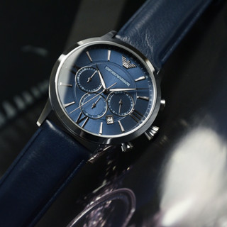 【EMPORIO ARMANI】白鋼藍面 三眼計時腕錶 藍色皮革錶帶(AR11226) | 蝦皮購物