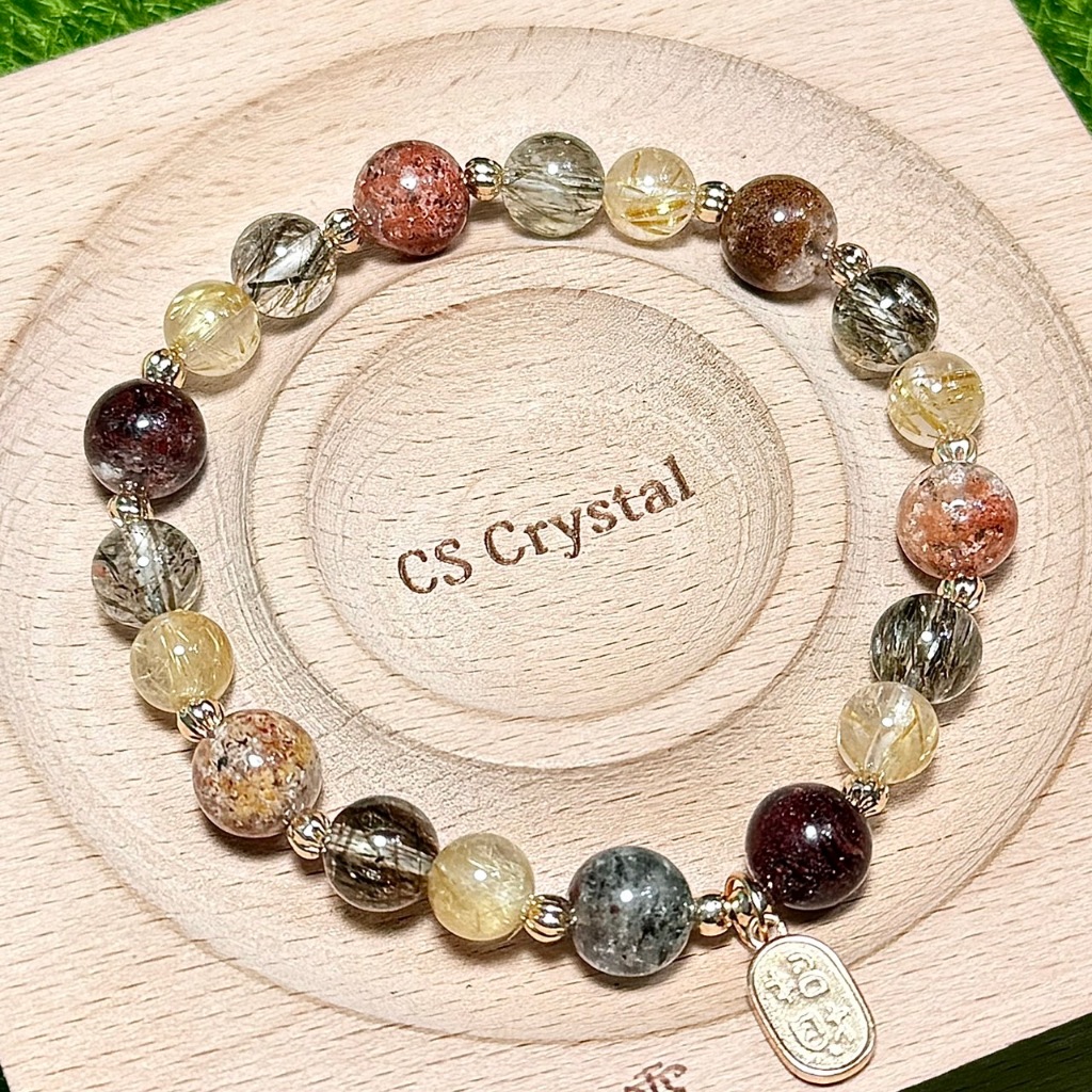 CS Crystal 編號606 新春開運系列 - 彩幽靈水晶+綠碧髮晶+鈦晶設計款 | 蝦皮購物