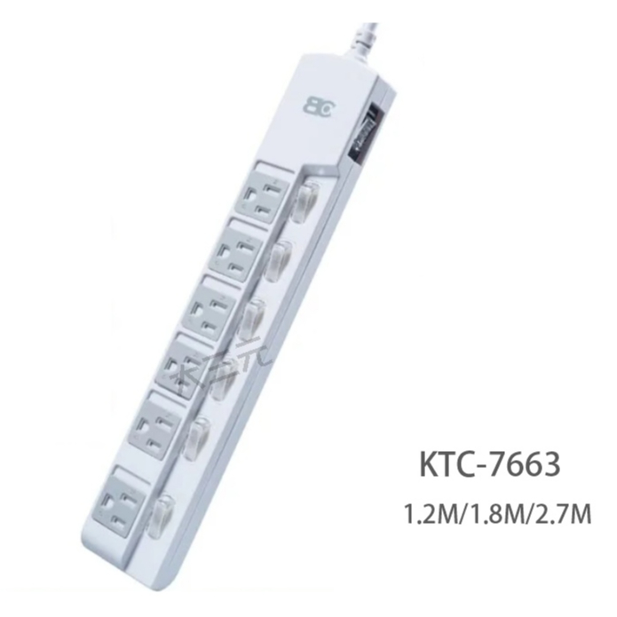 BC博銓科技 KTC-7663 7開6插座3P延長線 4尺/6尺/9尺 電源線 一按連動 過載斷電 大型變壓器專用 | 蝦皮購物
