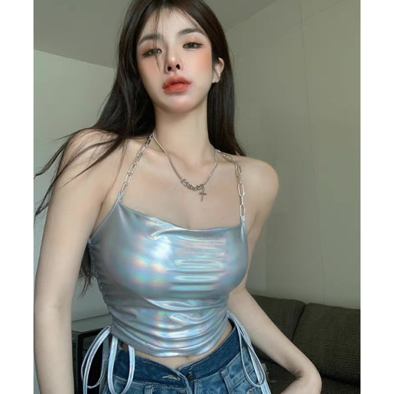 台灣出貨24H出貨 鐳射甜美上衣小可愛小背心ins掛脖 露背銀色綁帶 | 蝦皮購物