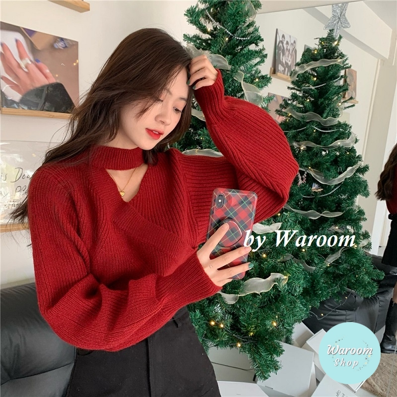 Waroom 現貨秒出 聖誕節 掛脖V領交叉針織毛衣 女針織衫 紅色長袖毛衣 針織交叉上衣 粗針織毛衣 掛脖882 | 蝦皮購物