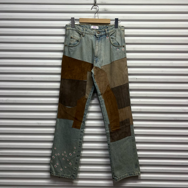 《OPMM》-[ERL] Leather Patchwork Jeans | 蝦皮購物