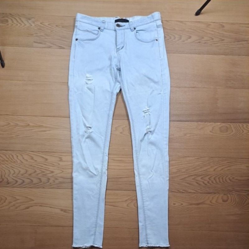 FE'CHA 女 彈性 破洞 鬚踝 修身 淺淺藍 低腰 牛仔褲 長褲 #S | 蝦皮購物