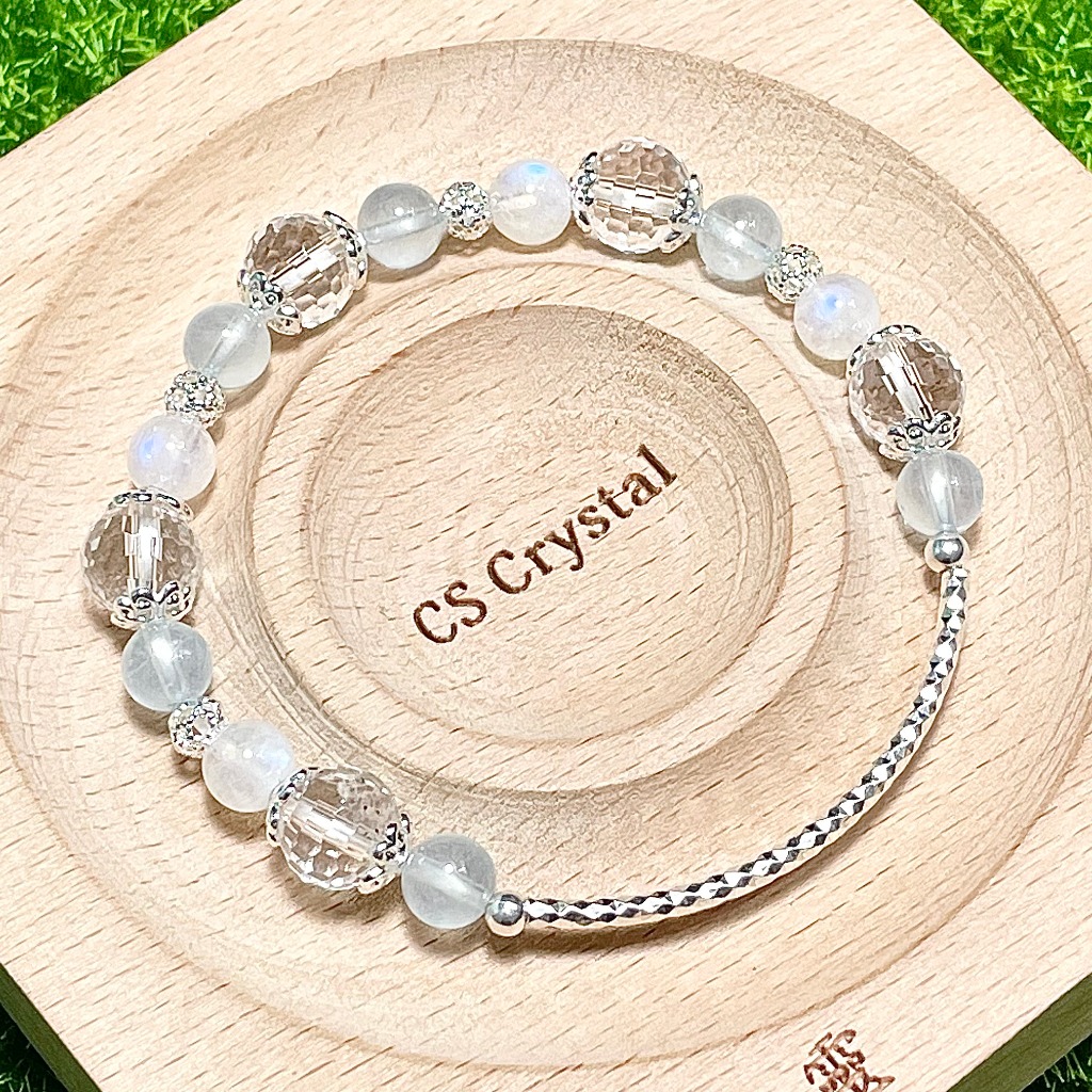 CS Crystal 編號453 - 透體白水晶+透體海藍寶+奶油體月光石設計款 | 蝦皮購物